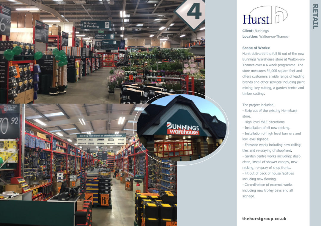 Hurst deliver fit out of new Bunnings Warehouse at Walton-on-Thames